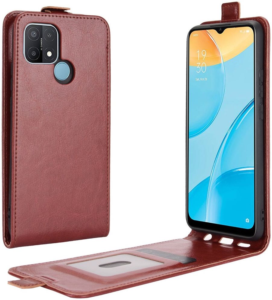 Oppo A15 Hoesje Verticale Flip Case Crazy Horse Bruin | gsmpunt