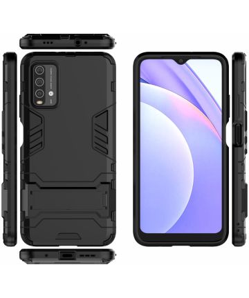 Xiaomi Redmi 9T Hoesje Hybride Back Cover met Kickstand Zwart | GSMpunt.nl