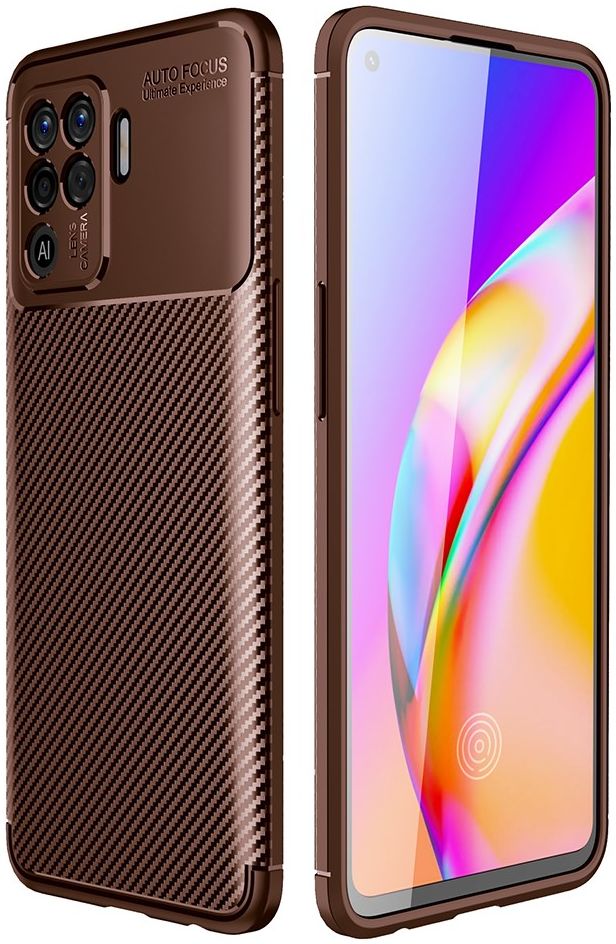 Oppo A94 Hoesje Siliconen Carbon TPU Back Cover Bruin | gsmpunt