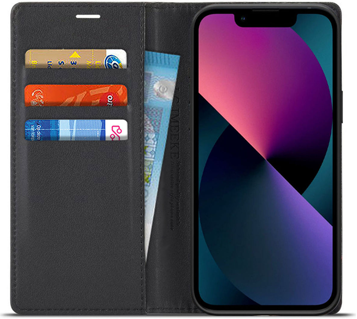 Apple iPhone 13 Mini Hoesje Carbon Fiber Portemonnee Book Case Zwart ...