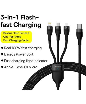 Baseus USB-A 3-in-1 Lightning/USB-C/Micro USB Kabel 100W 1.2M Blauw | GSMpunt.nl