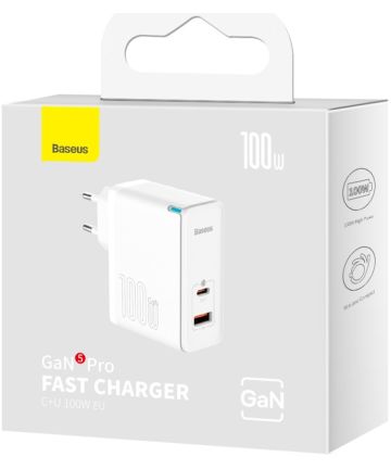 Baseus GaN5 100W Snellader met Fast Charge + 100W USB-C Kabel Wit ...
