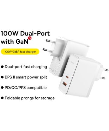 Baseus GaN5 100W Snellader met Fast Charge + 100W USB-C Kabel Wit ...