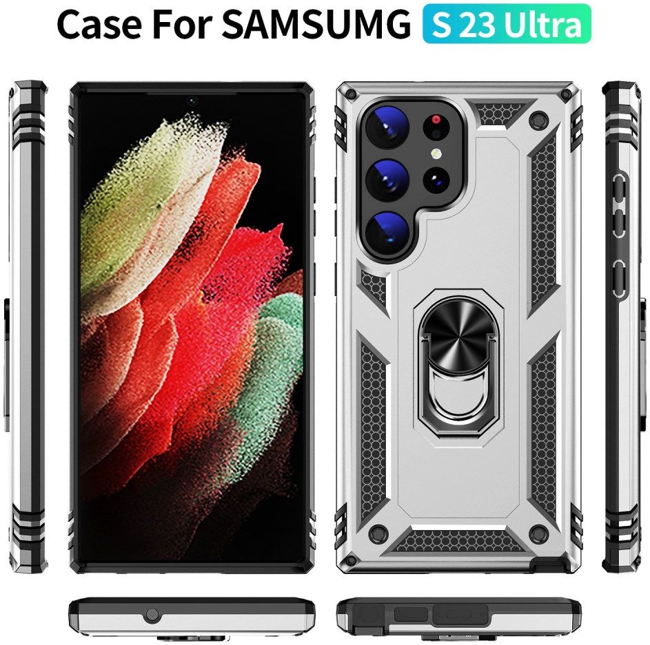 Samsung Galaxy S23 Ultra Hoesje met Magnetische Kickstand Ring Zilver ...